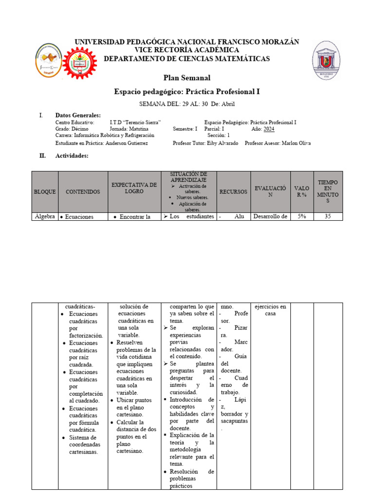 Formato Plan Semanal | PDF | Ecuaciones | Álgebra