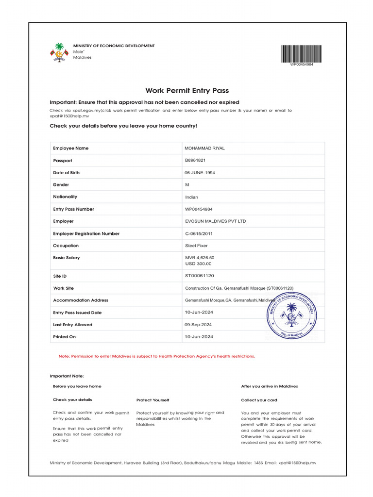 Maldives Work Permit Entry Pass Guide | PDF | Government And Personhood