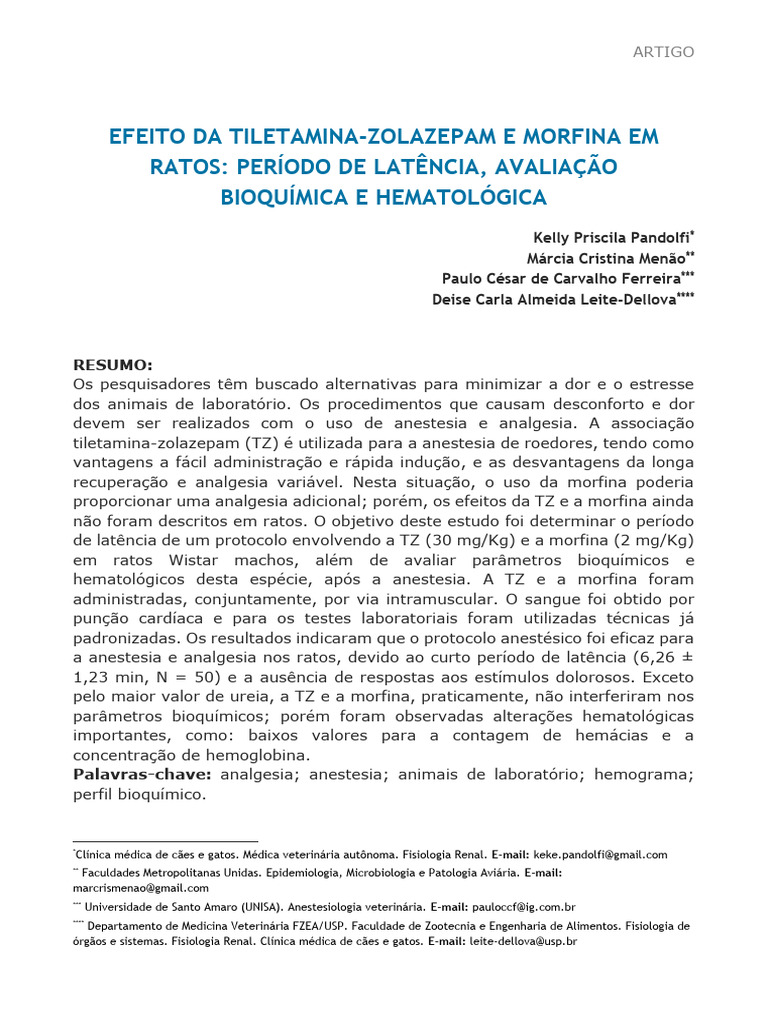 Efeito Da Tiletamina-Zolazepam | PDF | Dor | Analgésico