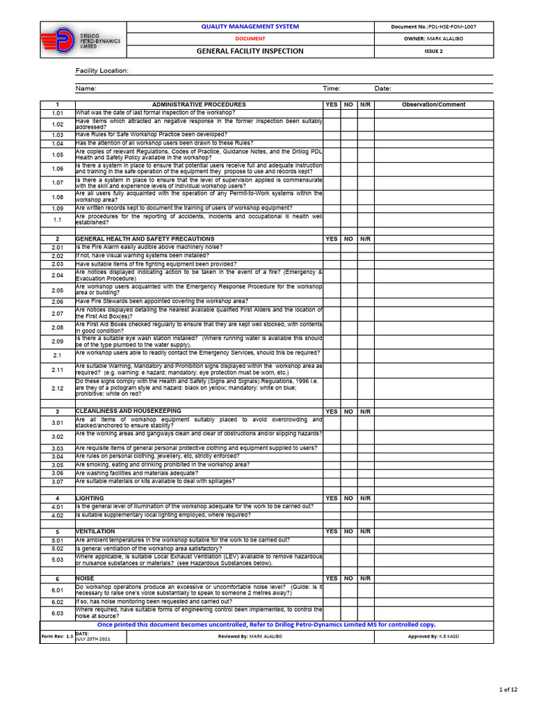General Workplace Inspection | PDF | Personal Protective Equipment ...