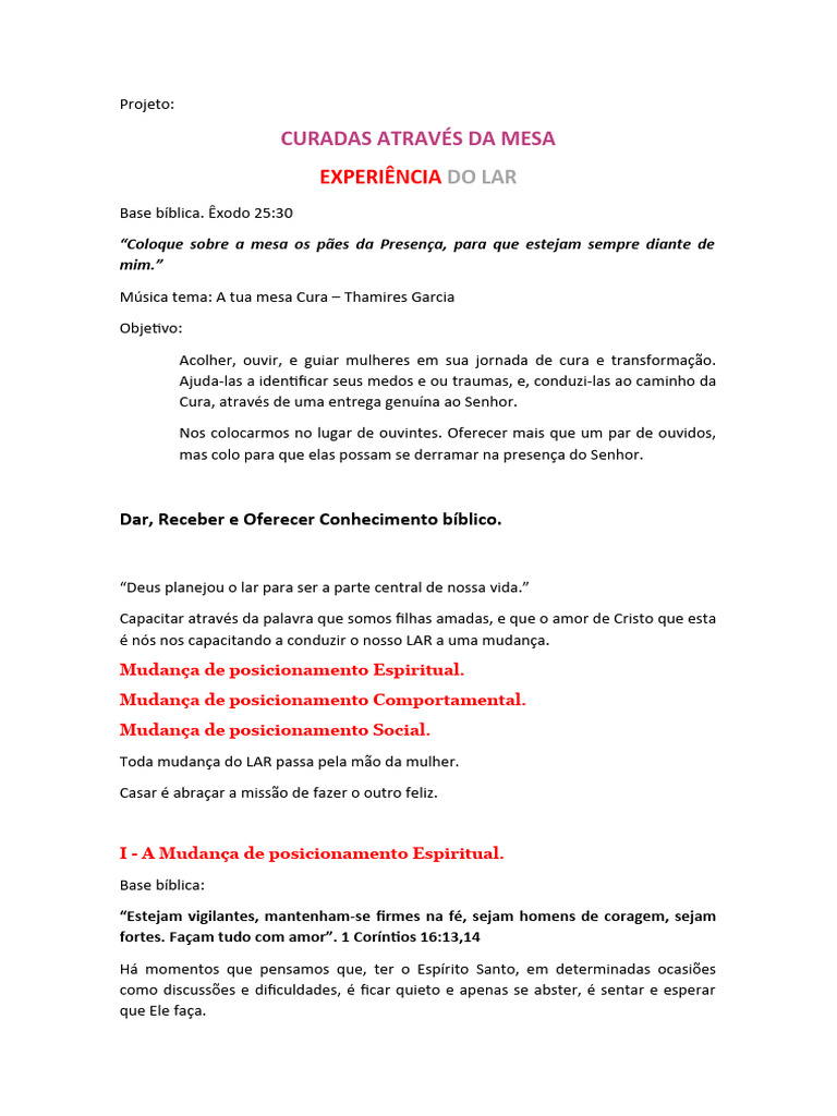 Projeto Curadas Através Da Mesa Experiência Do Lar | PDF | Amor | Deus