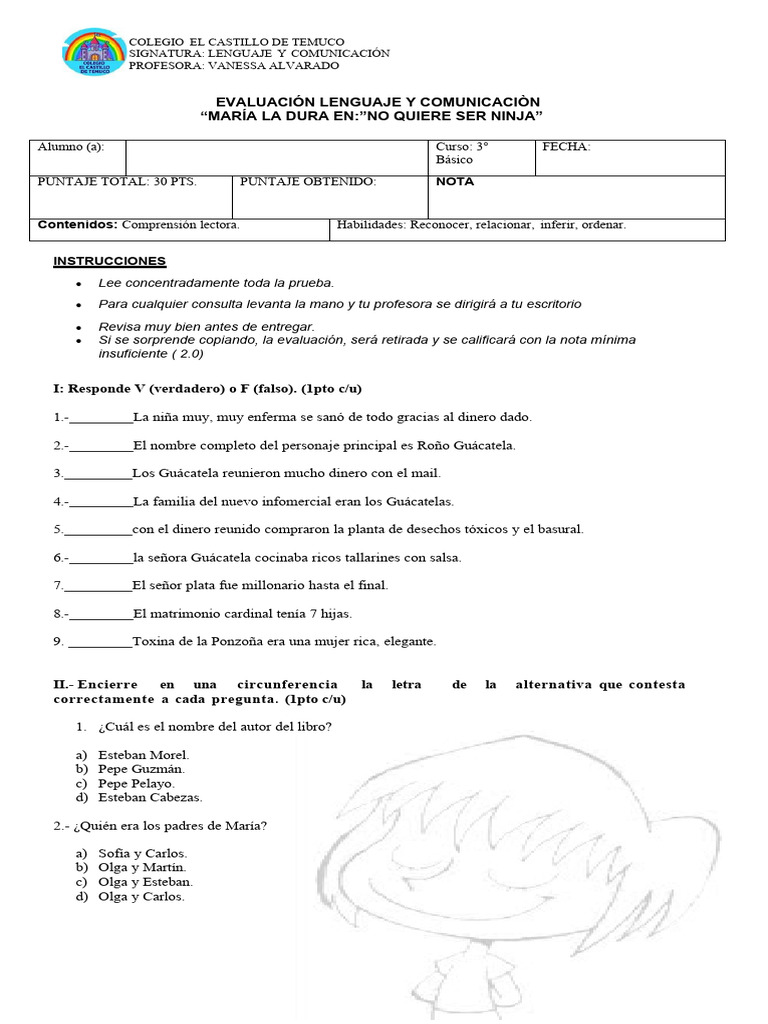 Evaluación Lenguaje 3° Básico: "María la Dura" | PDF