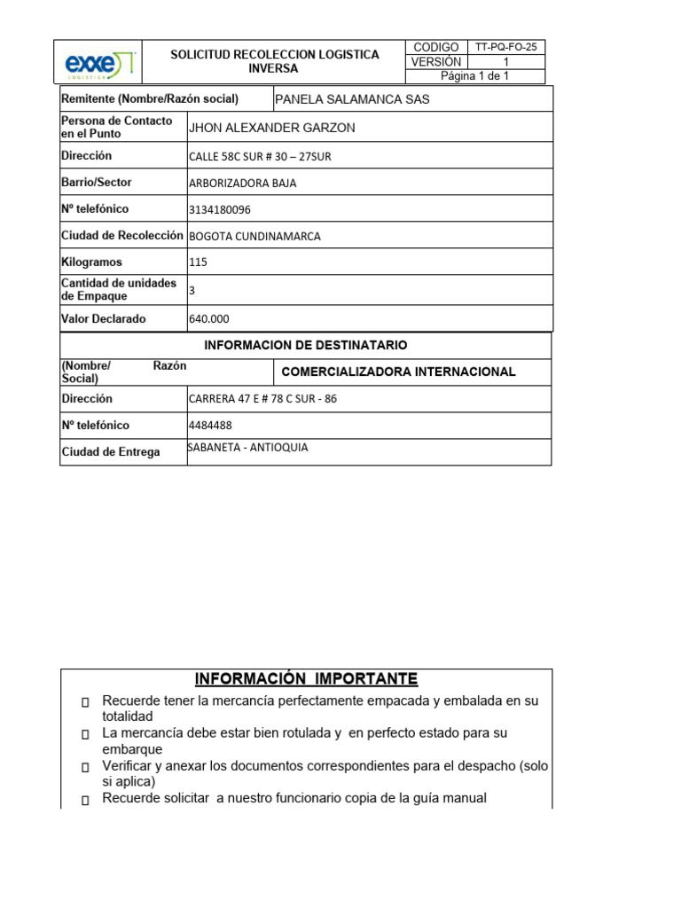 Formato Recoleccion Inversa Exxe | PDF
