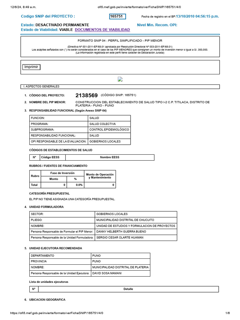 Ofi5.mef - Gob.pe Invierte Formato verFichaSNIP 165751 4 0 | PDF | Oferta (economía) | Saneamiento