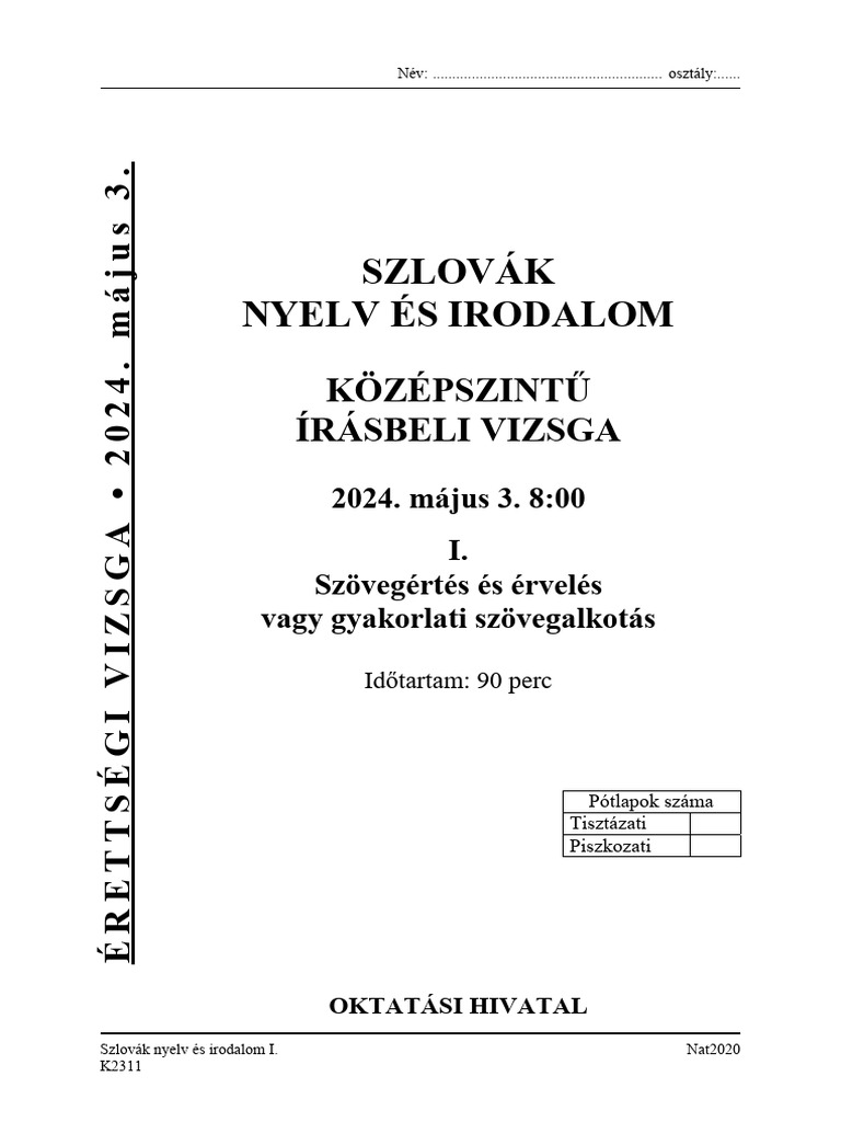 Szlovák Nyelv És Irodalom 2024 | PDF