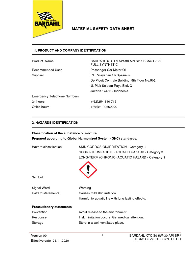 MSDS - Bardahl XTC S9 5W-30 Api SP Ilsac GF-6 Full Synthetic | PDF | Motor Oil | Waste