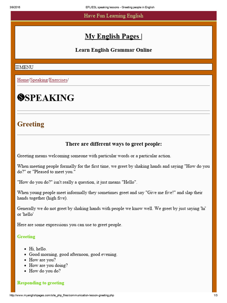 EFL_ESL speaking lessons - Greeting people in English | Download Free ...