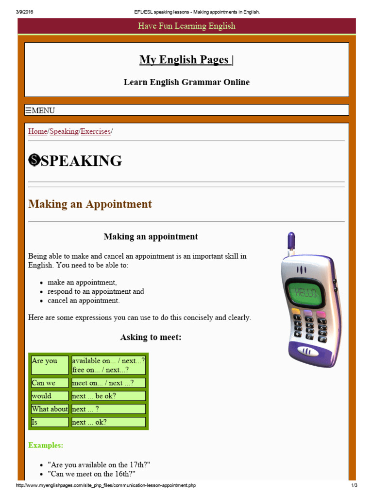 EFL_ESL speaking lessons - Making appointments in English_ | PDF | English As A Second Or ...
