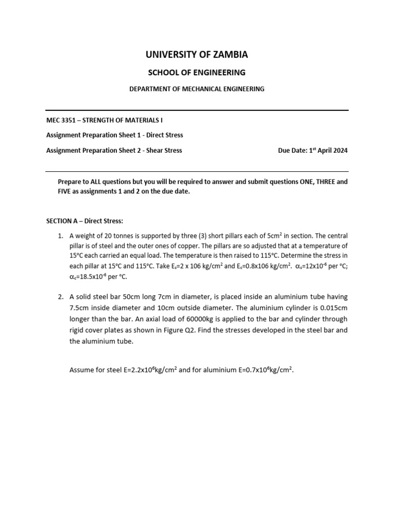 Direct Stress and Shear Stress Assignment Prep Sheet - 2024 | PDF ...