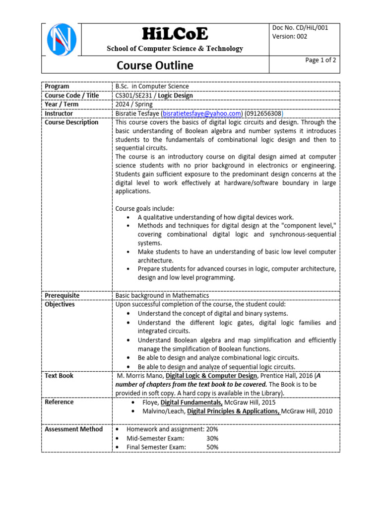 CS301 & SE231-Logic Design Course Outline - Spring 2024 | PDF | Logic Gate | Digital Electronics