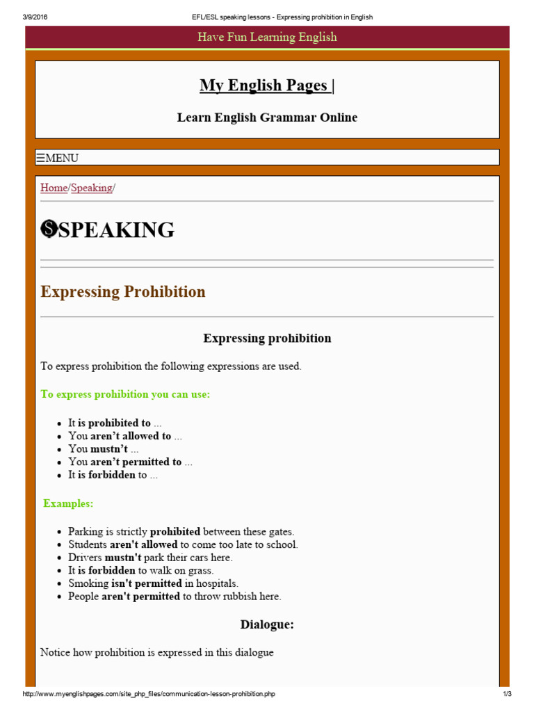 EFL_ESL speaking lessons - Expressing prohibition in English | PDF ...