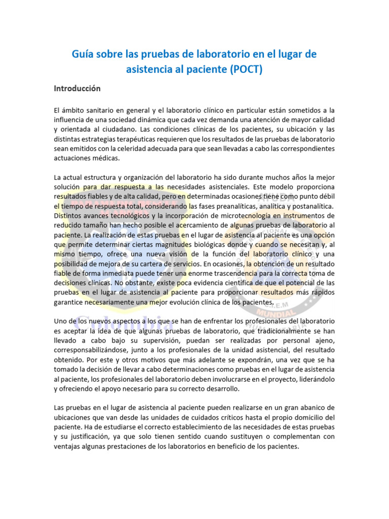 Guía Sobre Las Pruebas de Laboratorio en El Lugar de Asistencia Al Paciente (POCT) | PDF ...