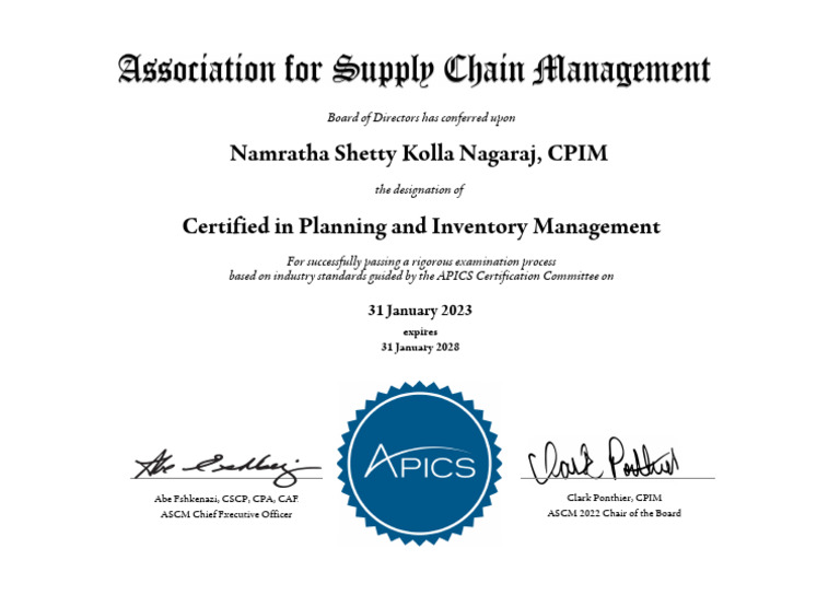 APICS CPIM Original Certificate A4 | PDF