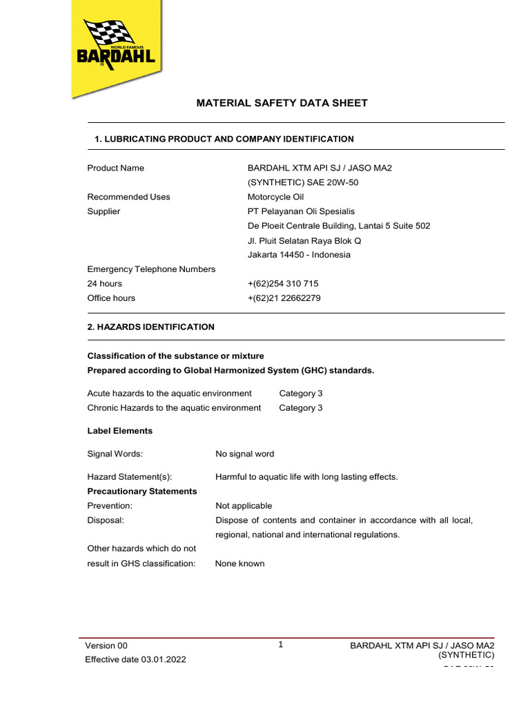 MSDS - XTM Api SJ Jaso Ma2 (Synthetic) Sae 20W-50 | PDF | Motor Oil ...