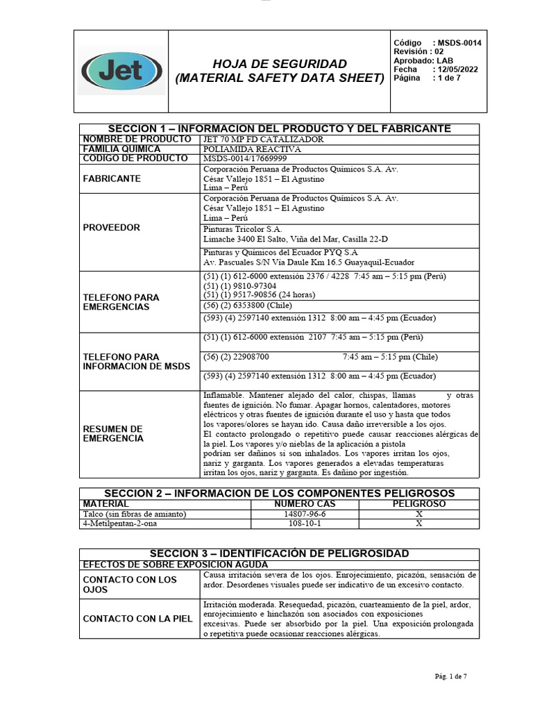 Hoja de Seguridad JET 70 MP FD | PDF | Agua | Amianto