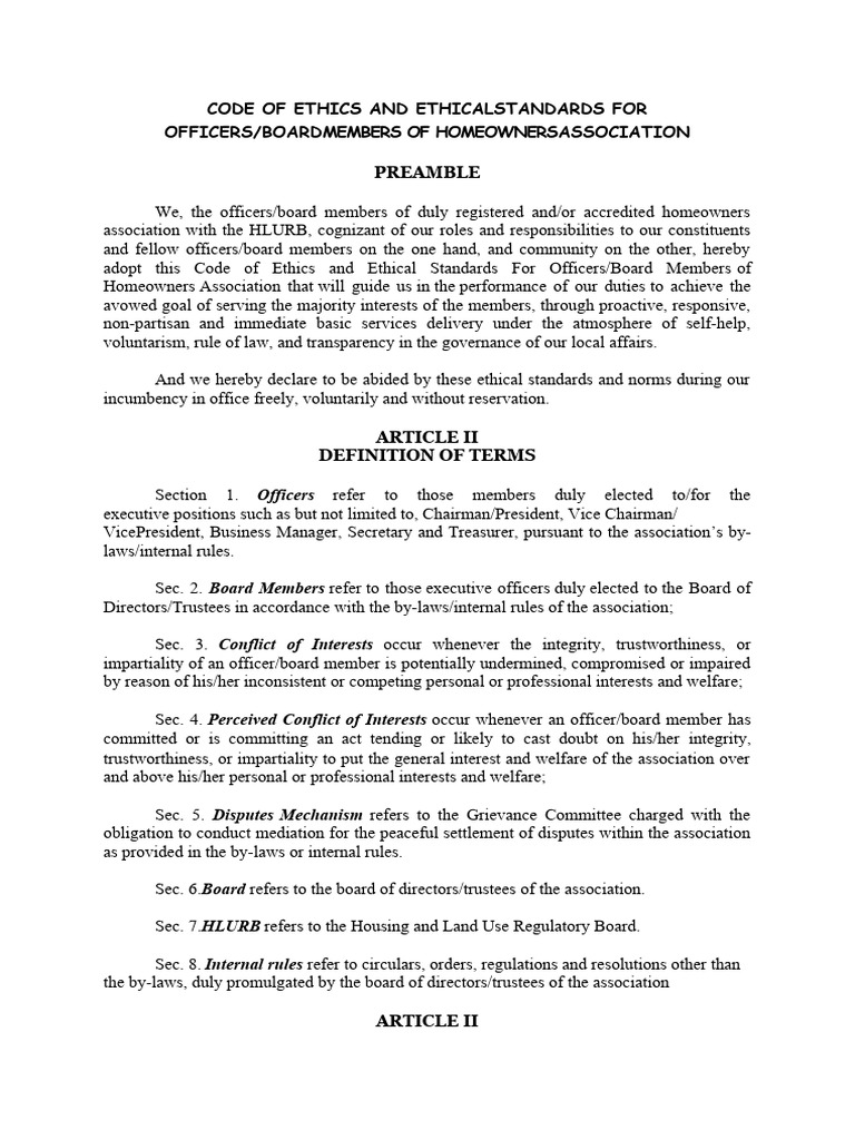 Hoa Code of Ethics and Ethicalstandards For Officers | PDF | Conflict ...