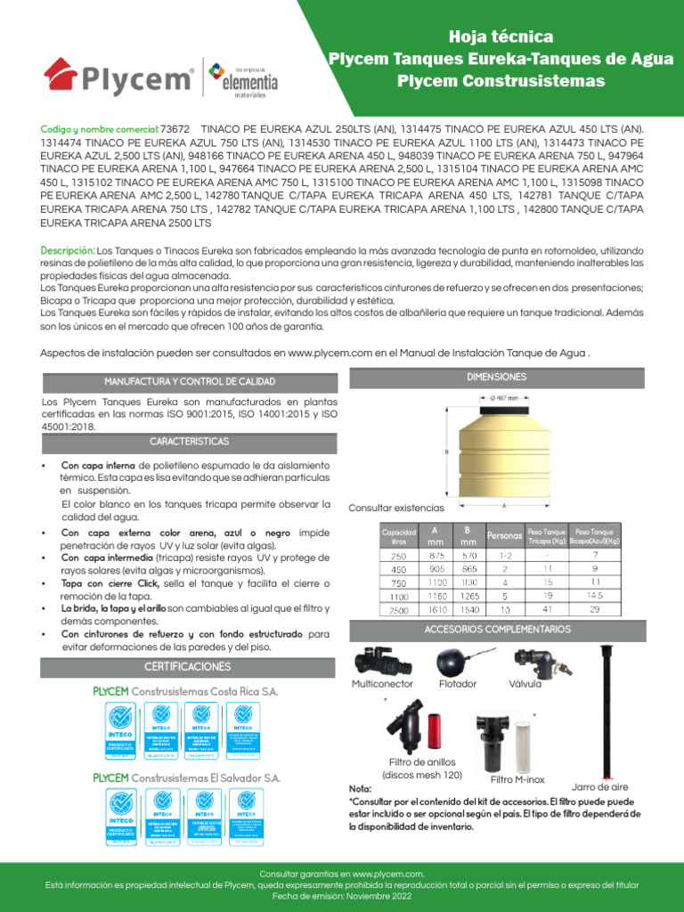 Ficha Tecnica Plycem Tanque Tanque de Agua - Compressed 1 | PDF