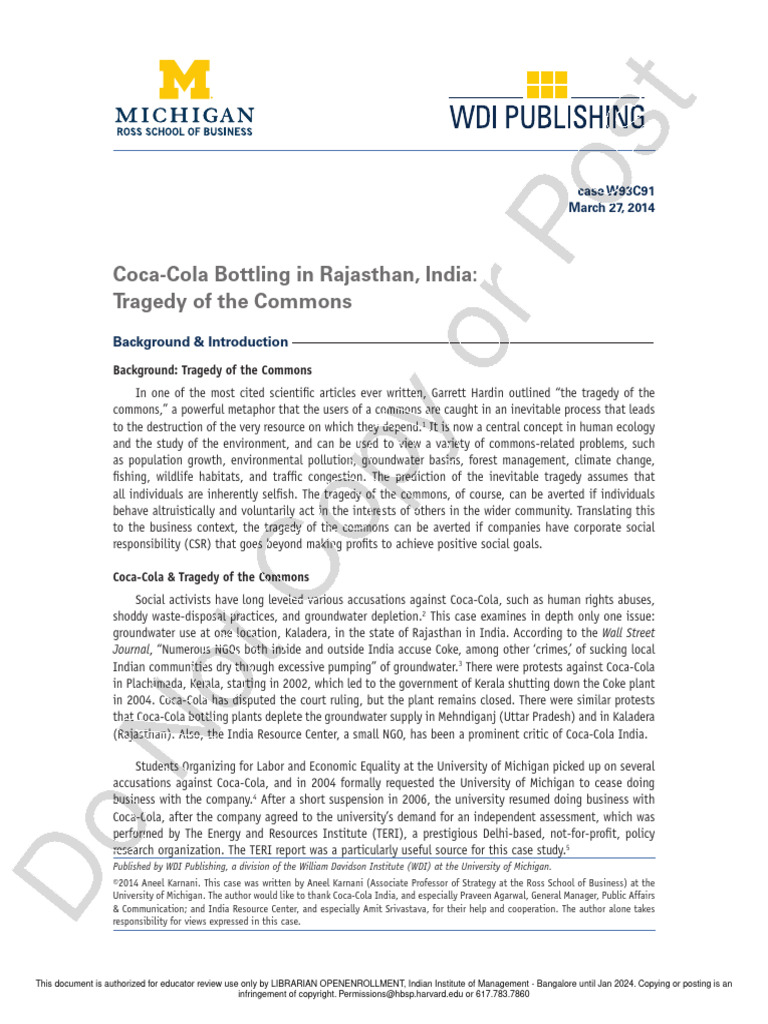 Coca-Cola Bottling in Rajasthan, India Tragedy of The Commons | PDF ...