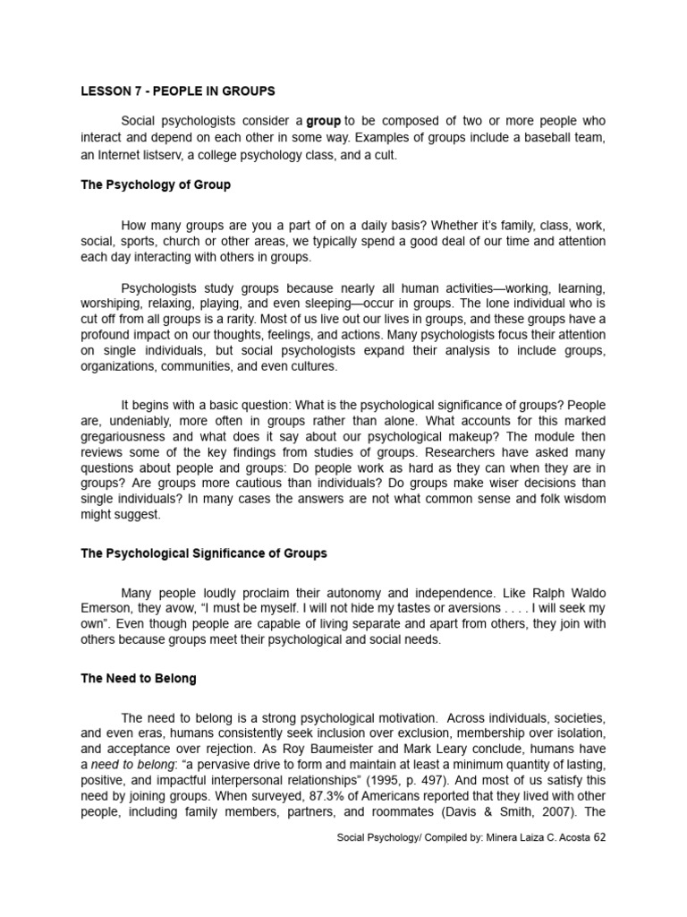 Lesson 7 Social Psychology | PDF | Self Esteem | Group Cohesiveness