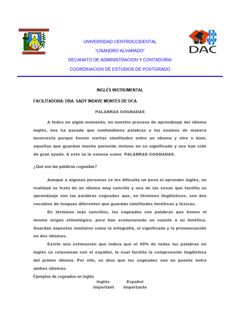 Palabras Cognadas | PDF | Idioma en Inglés | Lengua española