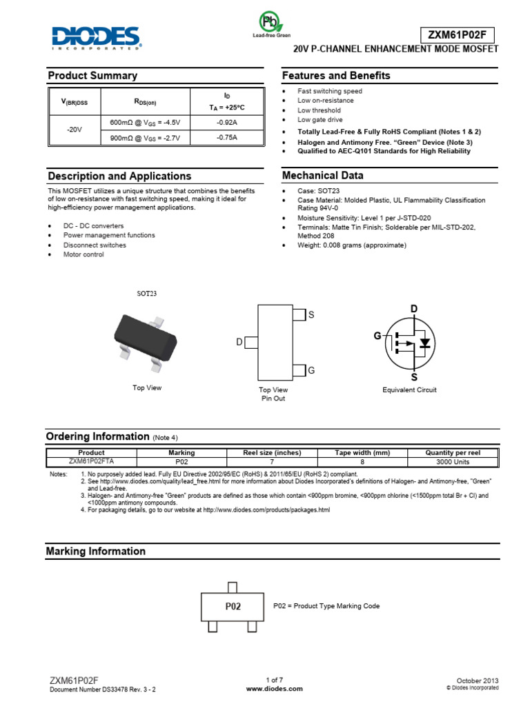 Mosfet SMD - ZXM61P02F - Marking Code - P02 | PDF | Mosfet | Electronic ...