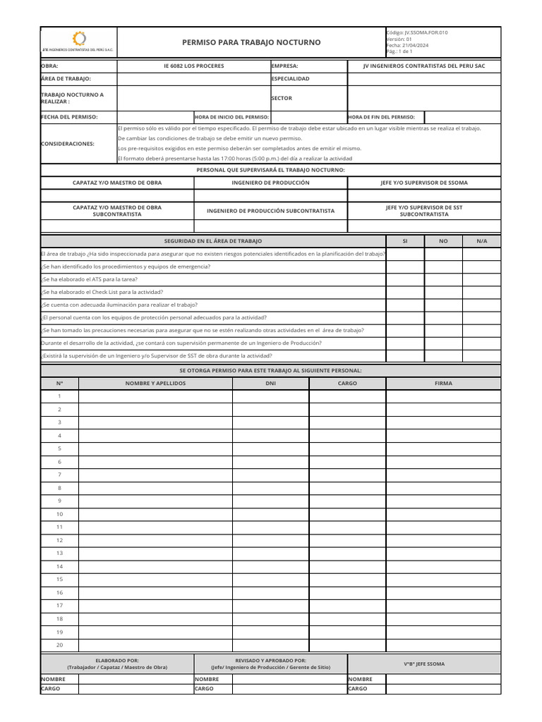 CDS SST ES 39 FM 01 Permiso Trabajo Nocturno Ver. 01 | PDF CDS SST ES 39 FM 01 Permiso Trabajo Nocturno Ver. 01 | PDF