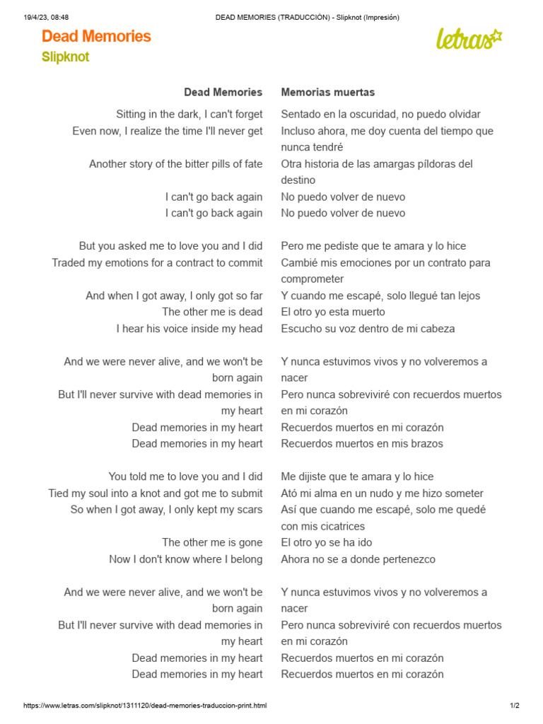DEAD MEMORIES (TRADUCCIÓN) - Slipknot (Impresión) | PDF | Música grabada | Grabación de sonido