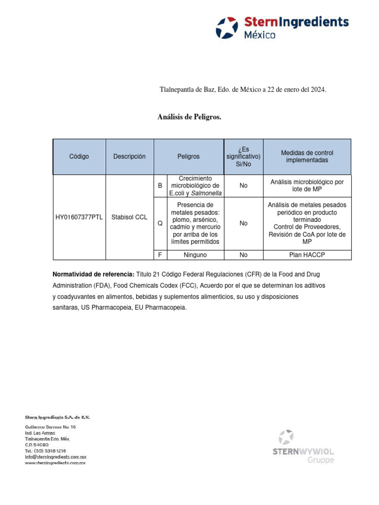 ANALISIS DE PELIGROS, Stabisol CCL, Premezclas | PDF | Análisis de ...