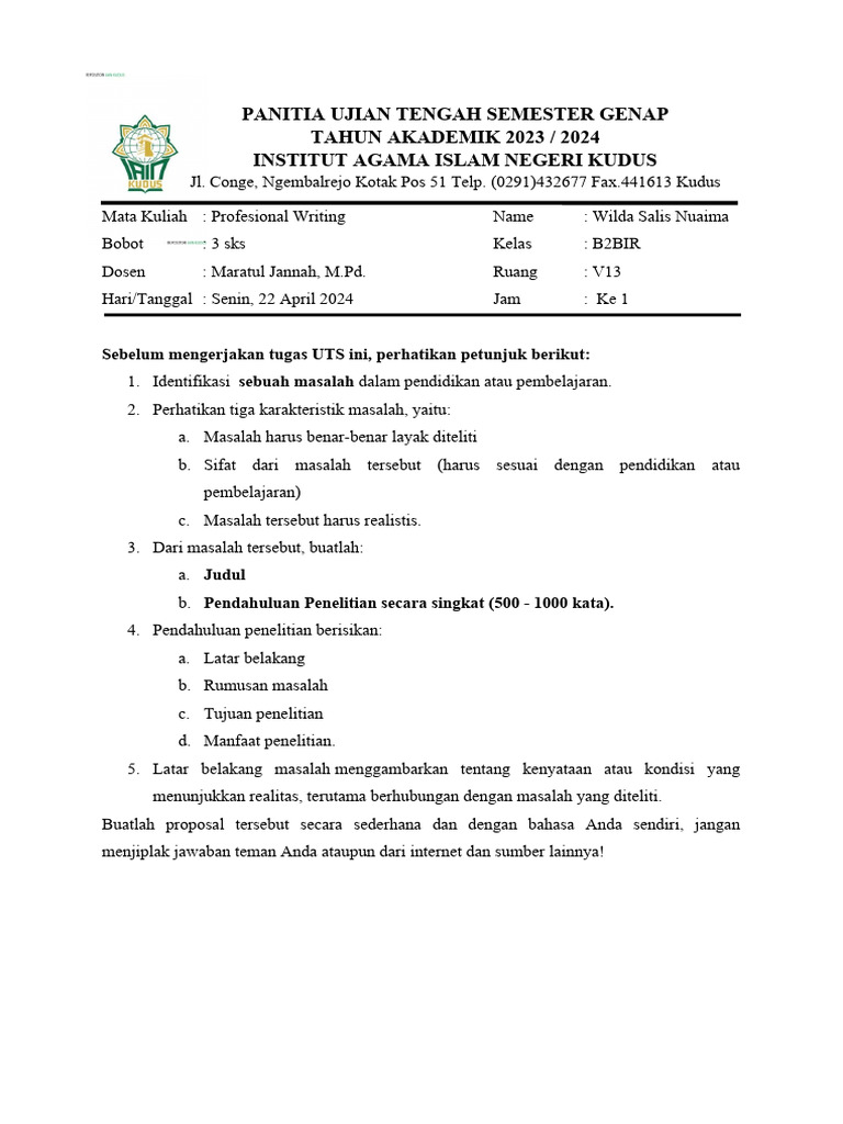 Prof. Writing C2BIR UTS GENAP 2024 | PDF | Intelligence (AI) & Semantics | Artificial Intelligence