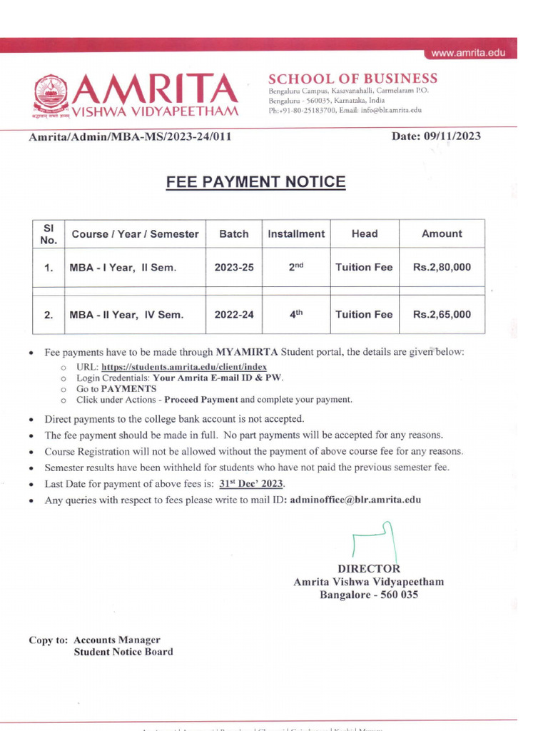 MBA Even Semester Fee Notice | PDF