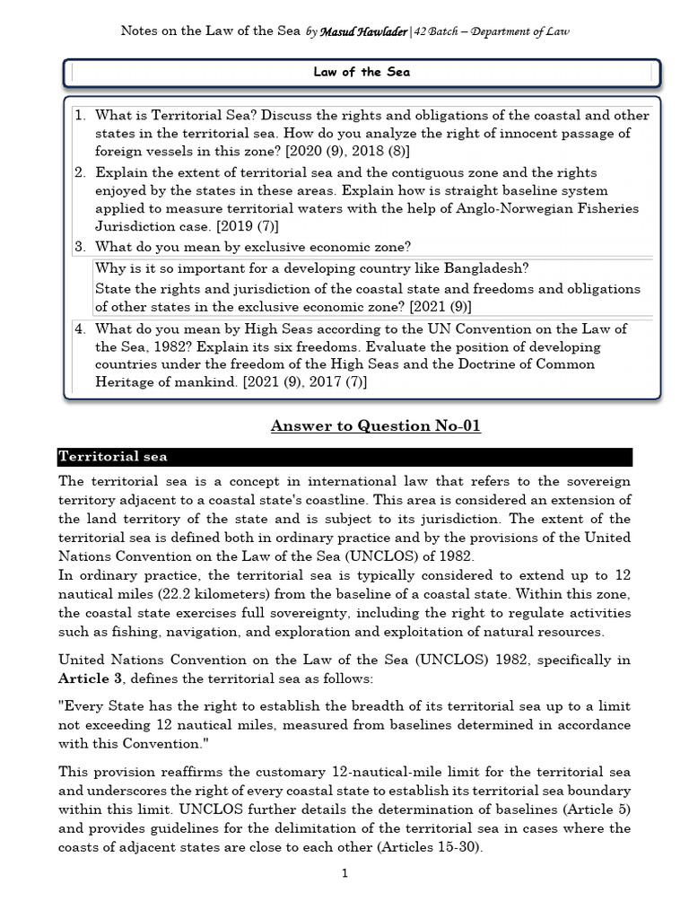 Notes On The Law of The Sea | PDF | Territorial Waters | United Nations ...