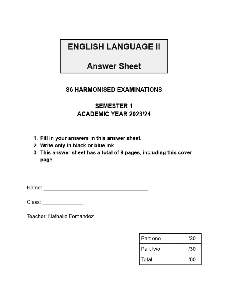 S6 L2 English Semester 1 AY23 - 24 Harmonised Exam - Answer Booklet ...