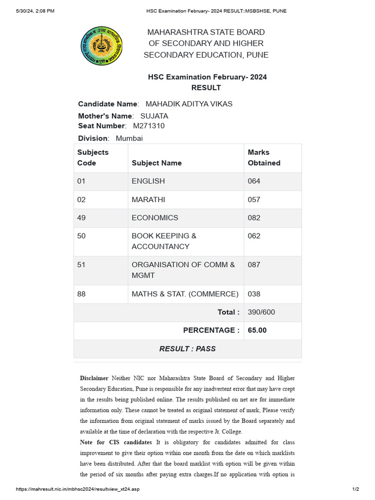 HSC Examination February - 2024 RESULT - MSBSHSE, PUNE | PDF | Schools ...
