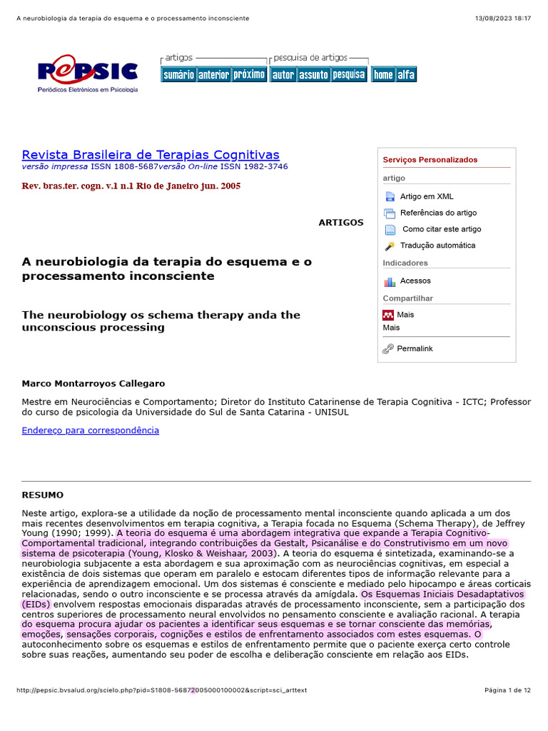 Neurobiologia e Terapia do Esquema | PDF | Pensamento | Memória