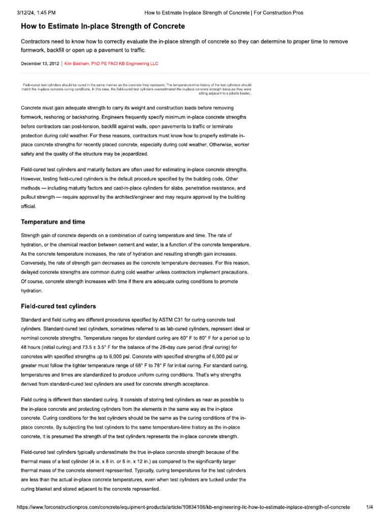 How To Estimate In-Place Strength of Concrete - For Construction Pros | PDF