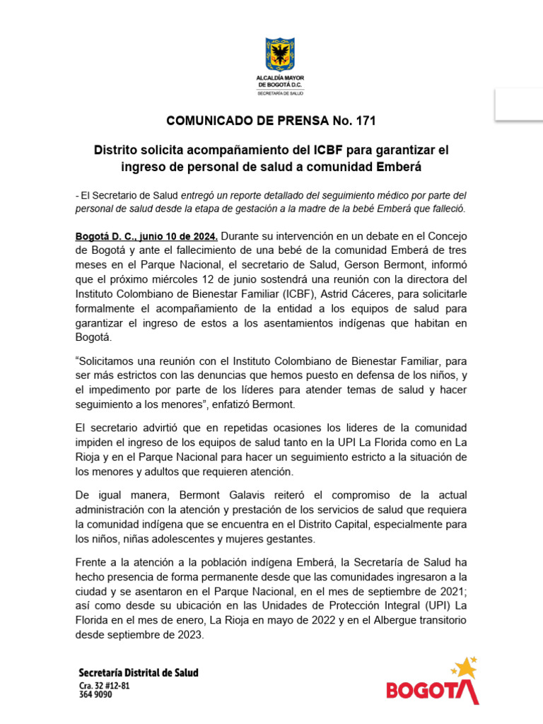 Comunicado Distrito Solicita Acompañamiento Del ICBF para Garantizar El Ingreso de Personal de ...