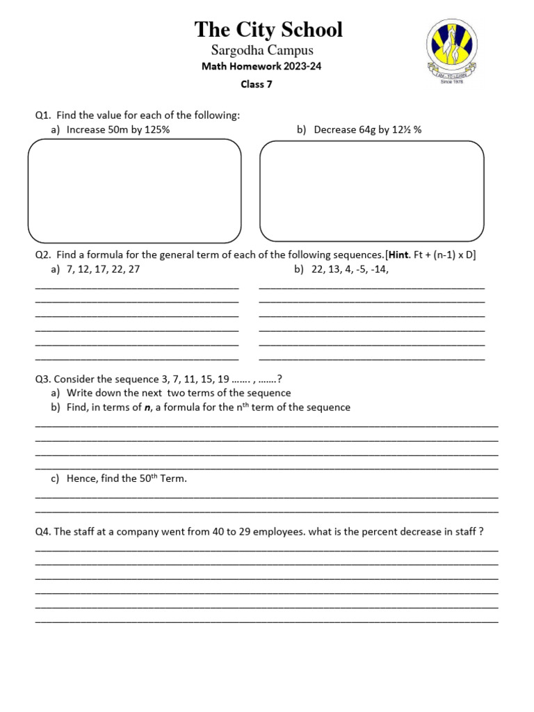 Maths 7th Summer Vacation Homework 2023-24 | PDF