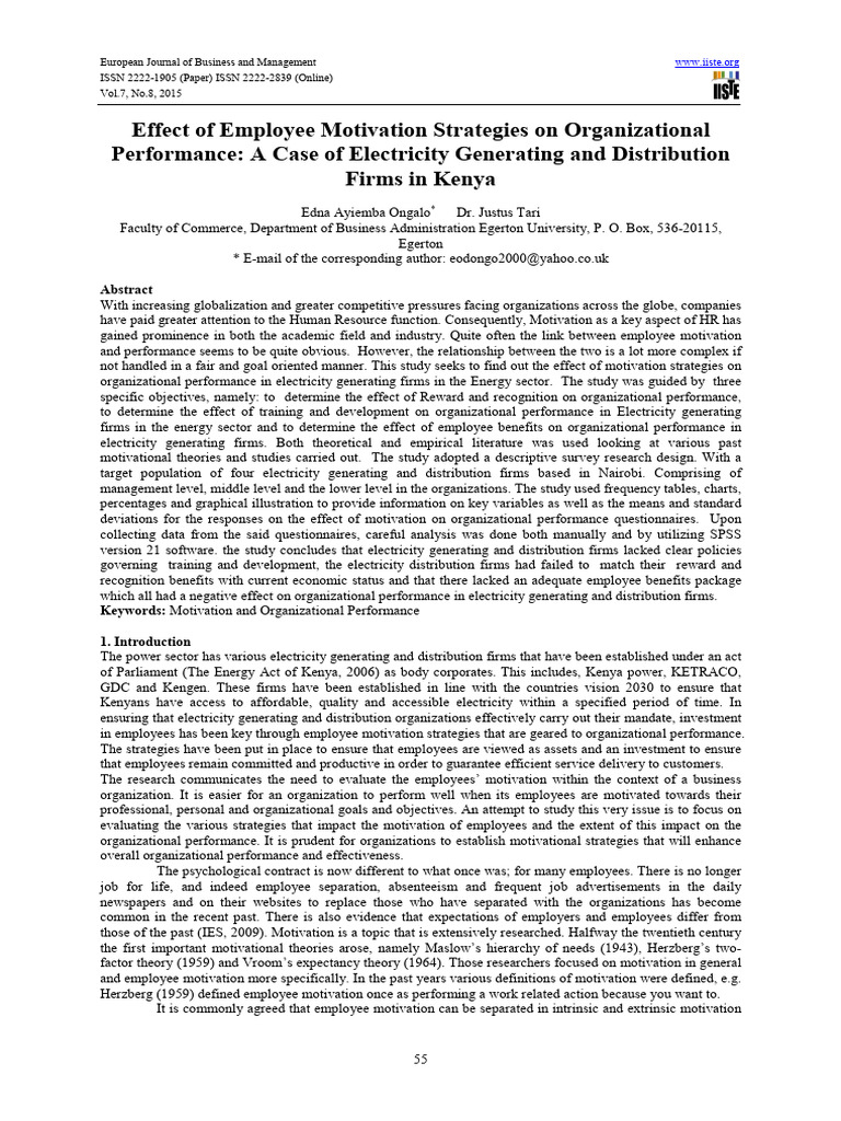 Effect of Employee Motivation Strategies On Organizational Performance ...