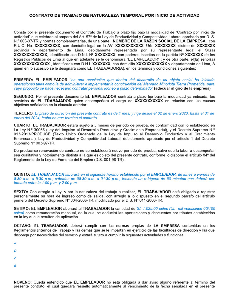 Contrato de Trabajo Inicio de Actividades 2024 Modificado | PDF | Derecho laboral | Documento de ...