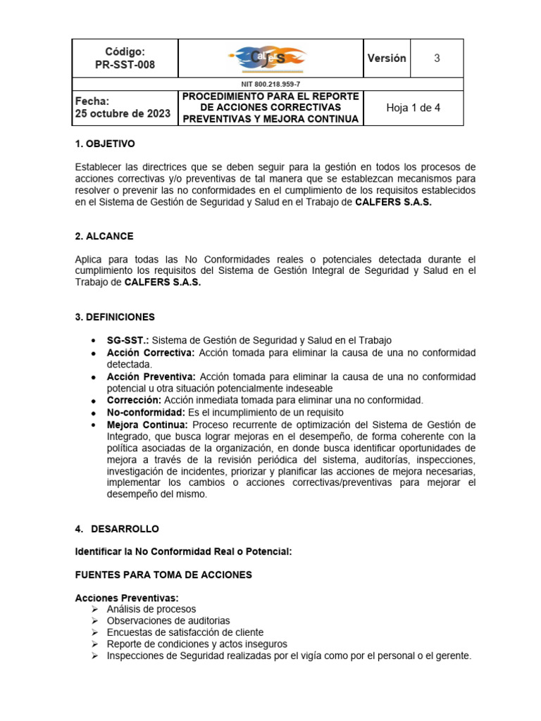 PR-SST-008 Procedimiento Acciones Correctivas y Preventivas | PDF | Auditoría
