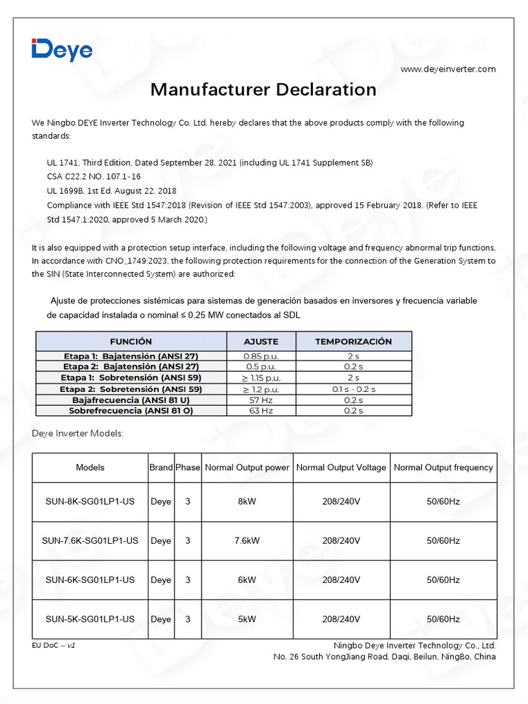 DEYE Declaration-CNO 1749 (UL) | PDF | Power Inverter | Power Engineering