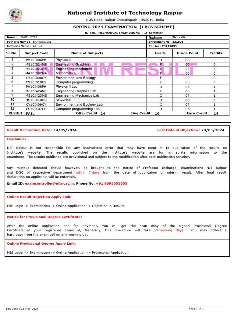 Interim Result: National Institute of Technology Raipur | PDF