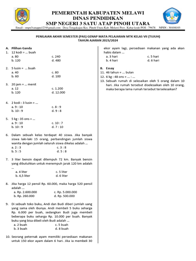 Soal PAS MTK Kls 7 2024 Genap | PDF