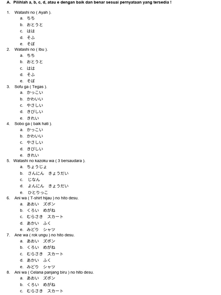 Soal PTS Ganjil BAHASA JEPANG Kelas XI | PDF