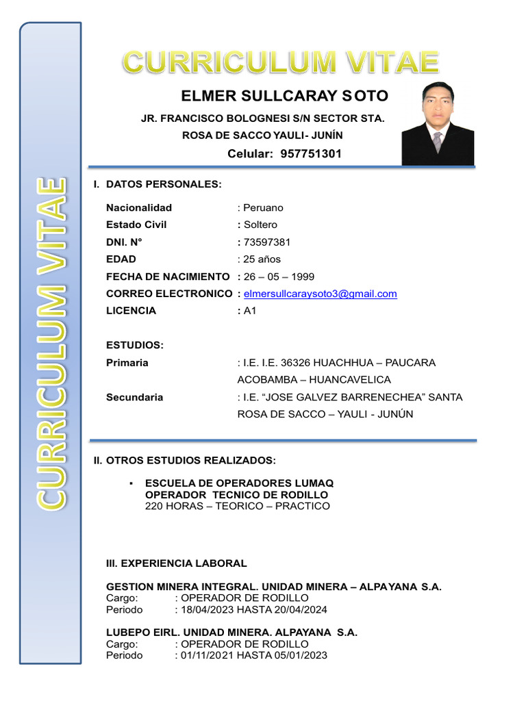 CV de Elmer Sullcaray Soto - Operador Rodillo | PDF