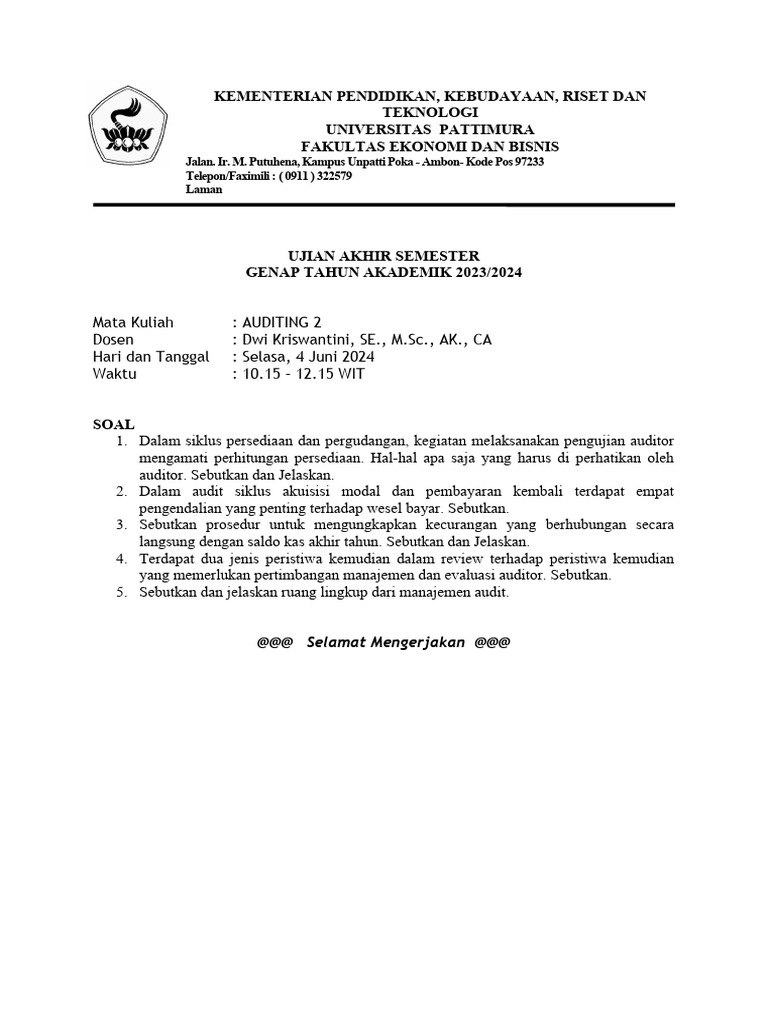 Soal Uas Audit 2 2024 | PDF
