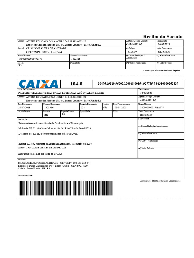 Recibo Do Sacado: CPF/CNPJ: 008.531.262-24 | PDF | Brasil | Finanças ...