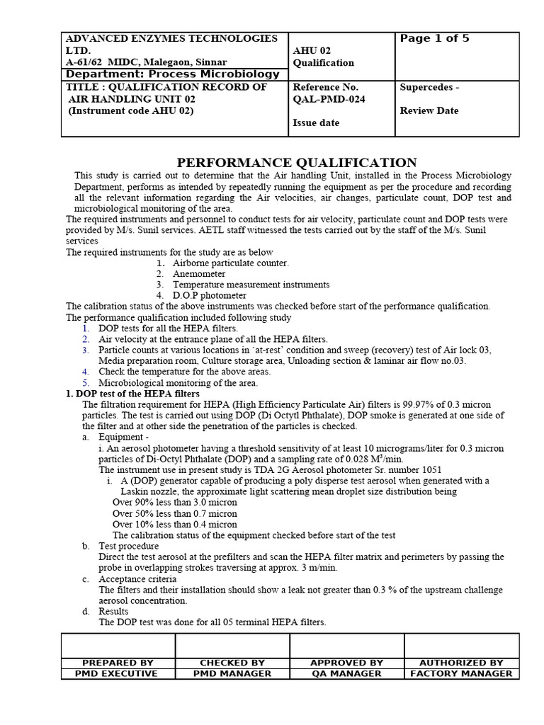 AHU 2 Performance Qualification | PDF