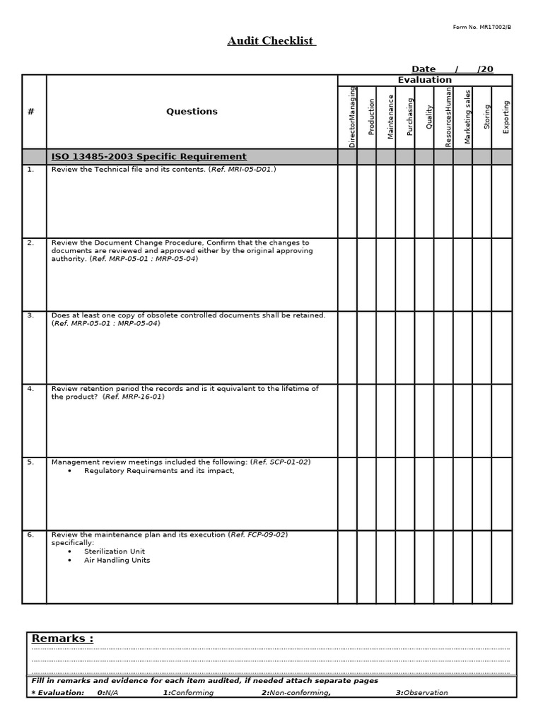 Audit Checklist IsO 13485 and MDD | PDF