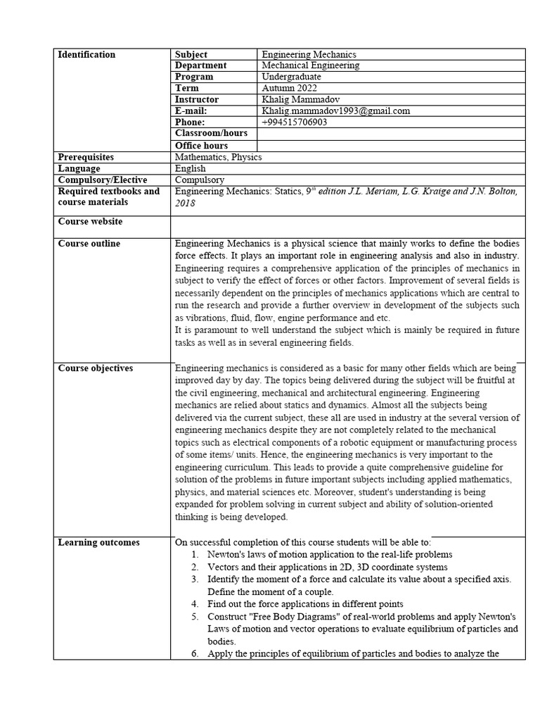 Engineering Mechanics-syllabi Khalig Mammadov - Rev01 | PDF | Force | Engineering